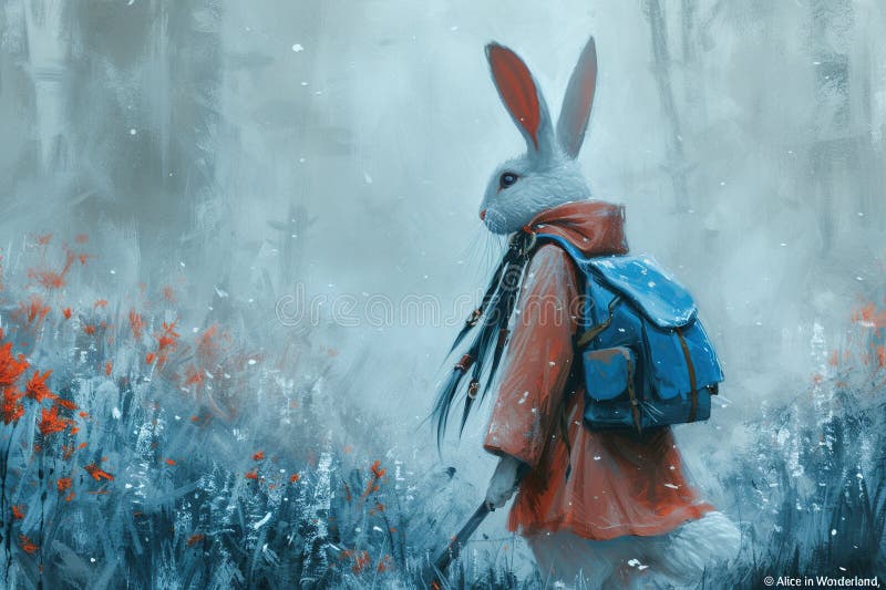 Rabbit with Backpack in a Misty, Red-flowered Field. Book Illustration ...