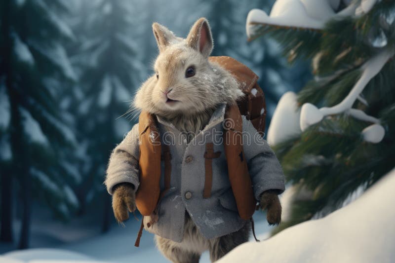 Rabbit and Backpack on a Log in the Forest Stock Image - Image of ...