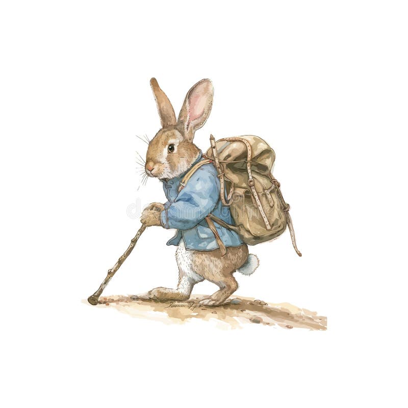 Rabbit with Backpack and Walking Stick Illustration. Vector Icon Design ...