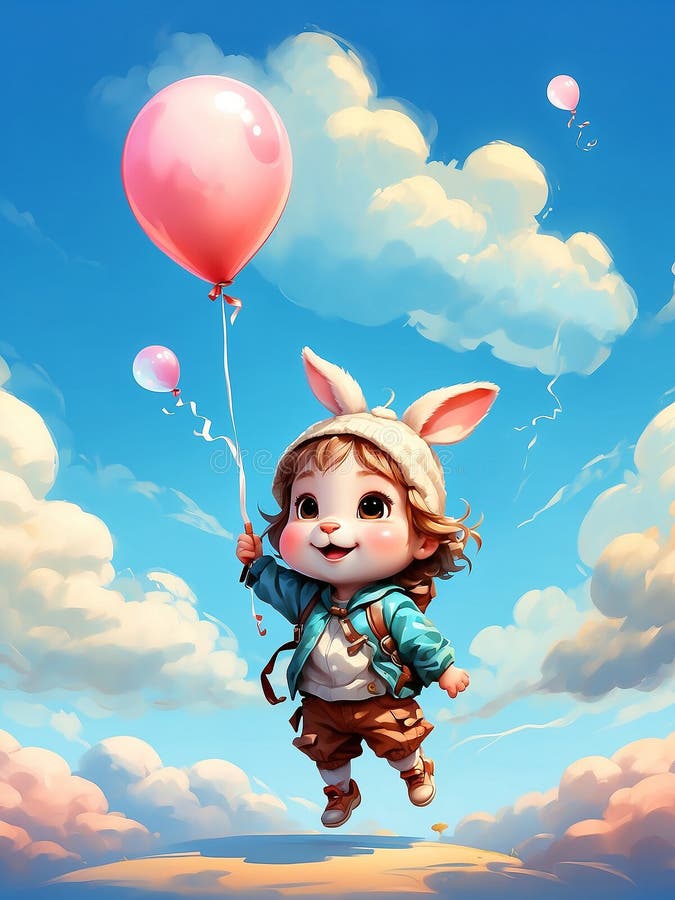 Rabbit with Balloons Flying in the Blue Sky. Stock Image - Image of ...
