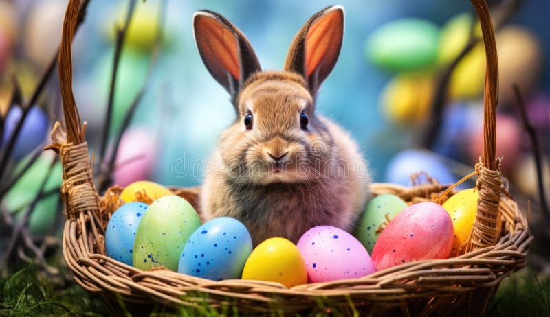 Rabbit in Basket with Colorful Easter Eggs Stock Photo - Image of ...