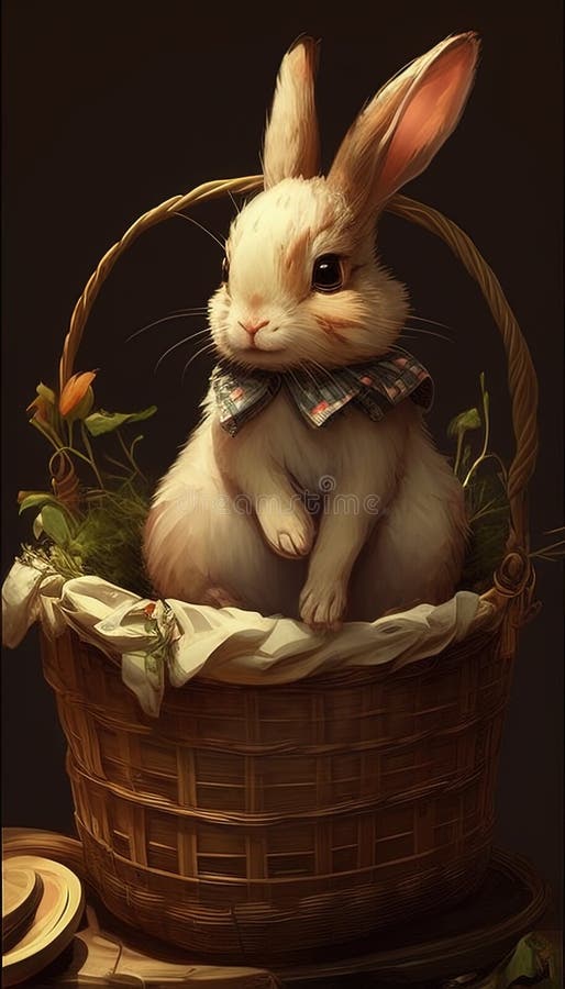 Rabbit on Basket Displays an Endearing Bunny Surrounded by a Basket of ...