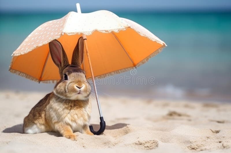 A Rabbit Basks in the Summer Sun on the Beach Under an Umbrella. Animal ...