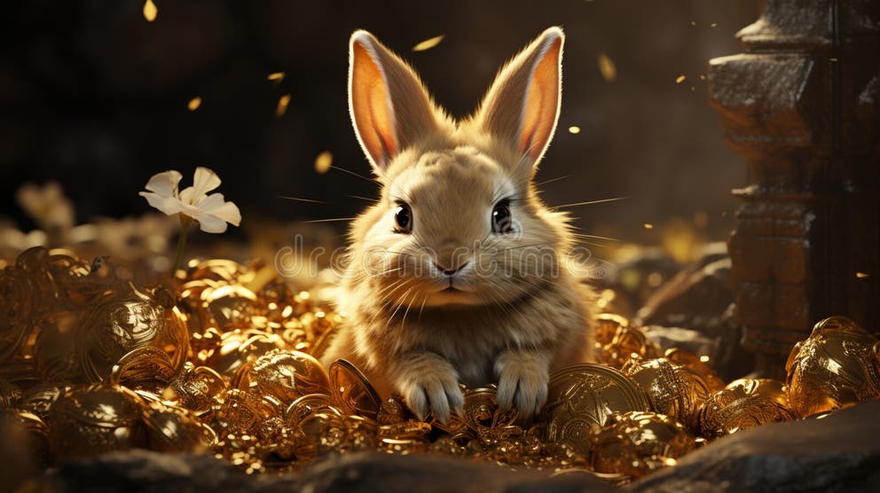 Rabbit Bending Down Knees and Touching Gold Ingot. Generative Ai Stock ...