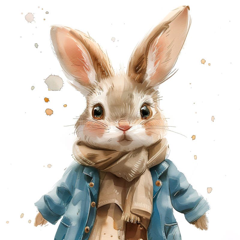 Charming Rabbit Dressed in Blue Coat and Brown Scarf in Whimsical Art ...