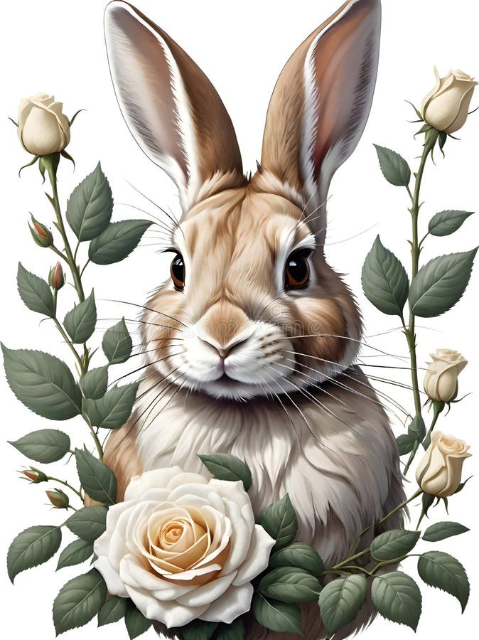 Rabbit and Blooming White Roses Nature Illustration Stock Illustration ...