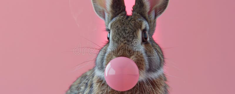 Rabbit Blowing Bubblegum Bubble Against Pink Background Stock Photos ...