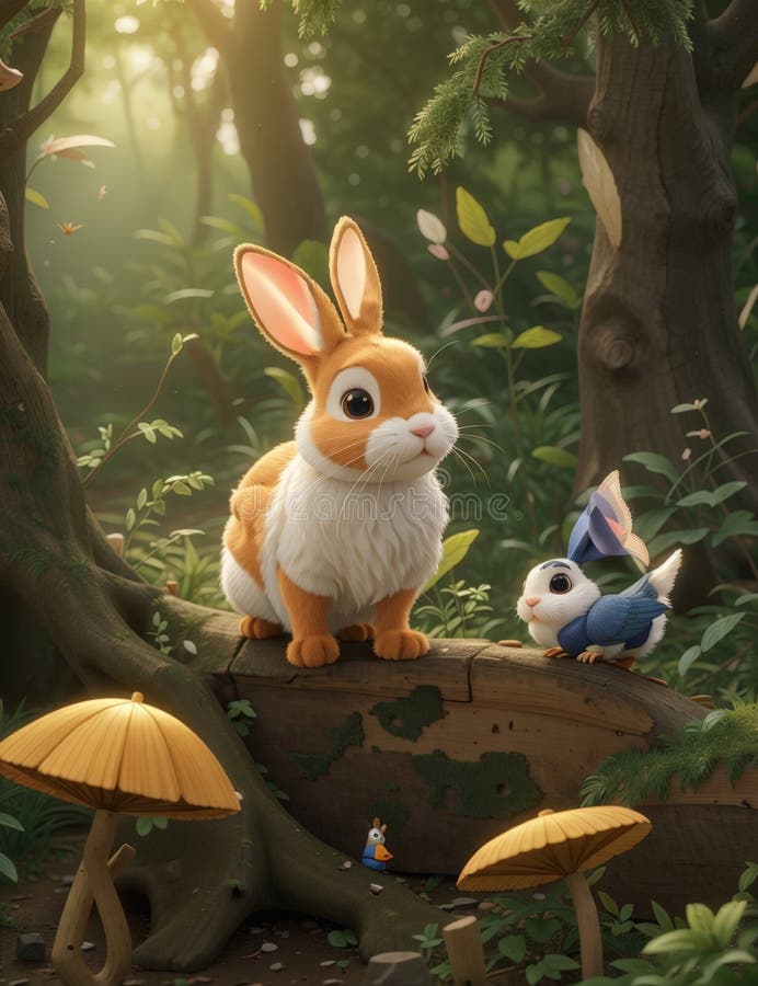 Rabbit and Blue Bird in Jungle Stock Photo - Image of white, character ...