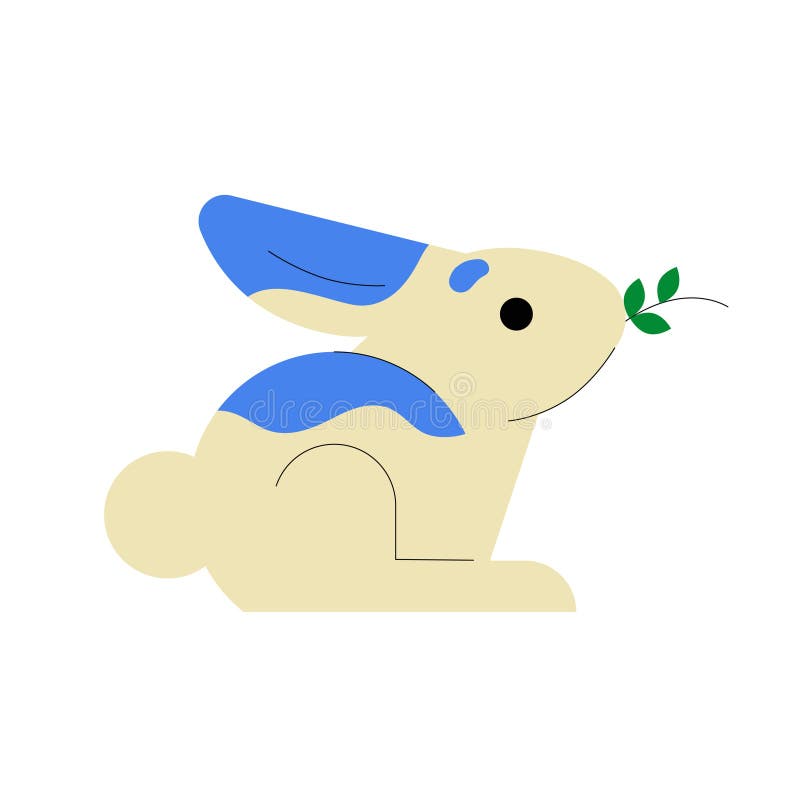 Rabbit with Blue Details Holding a Leaf in Flat Vector Illustration ...