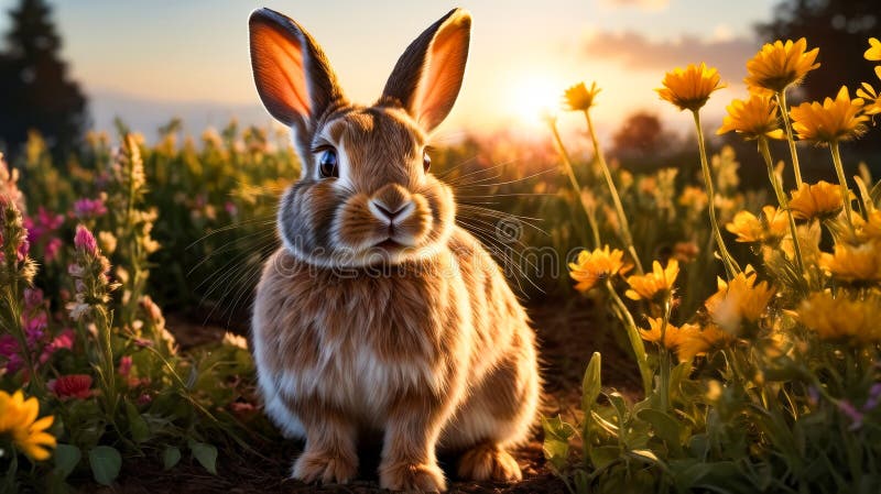 Adorable White Rabbit Wildflower Meadow Sunset Stock Photos - Free ...