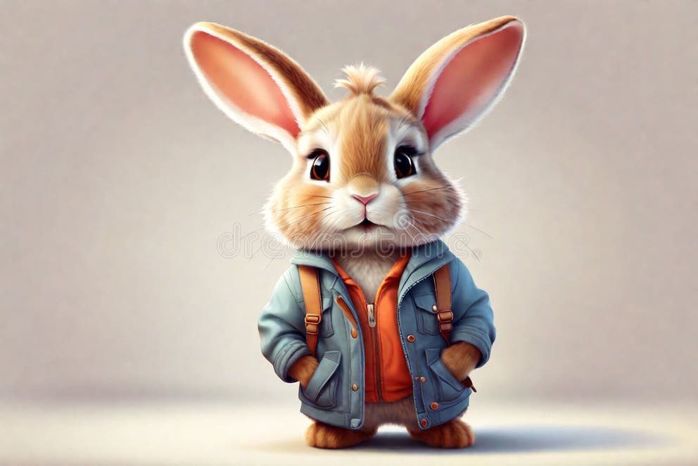 Rabbit in a Blue Jacket and Backpack on a Gray Background Stock Photo ...