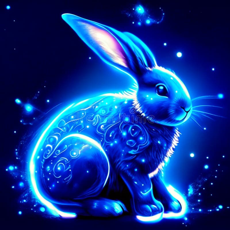 Rabbit in Blue Neon Light on a Dark Blue Background. 3d Rendering ...