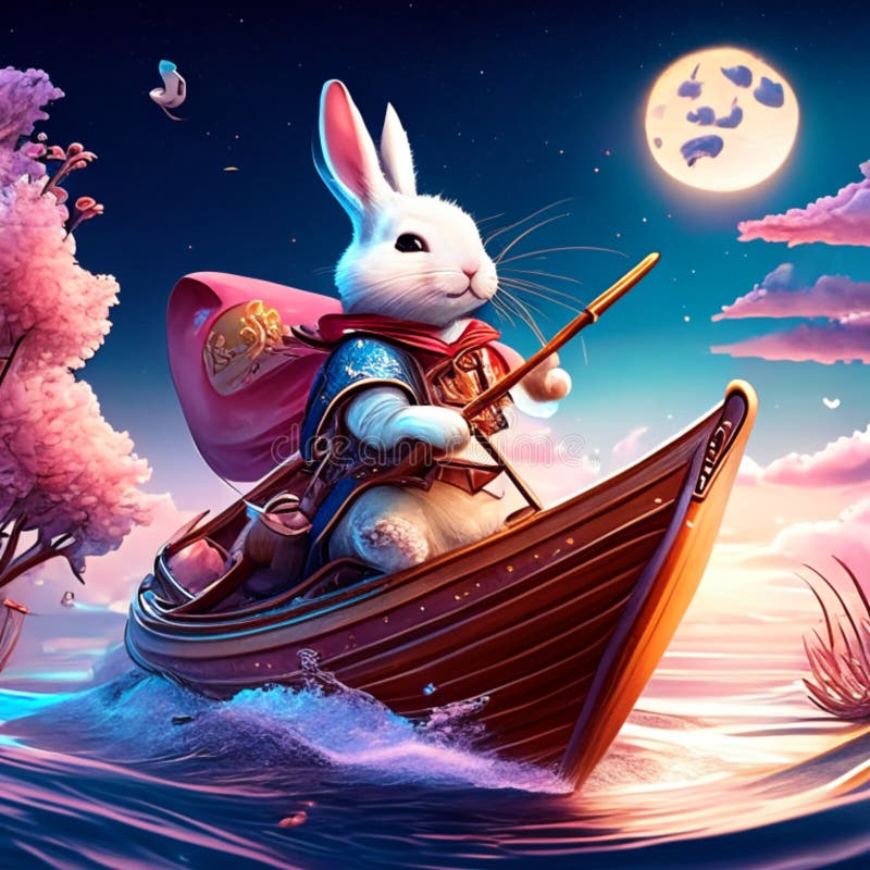 Rabbit in the Boat with Full Moon in the Background - 3d Illustration ...