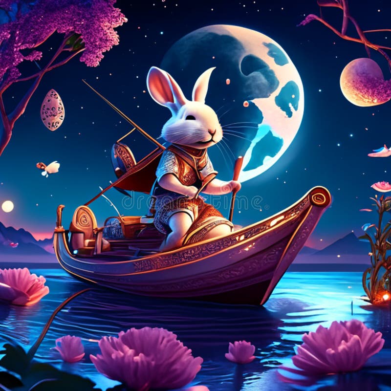 Rabbit on a Boat in the Moonlight. 3d Rendering AI Generated Stock ...