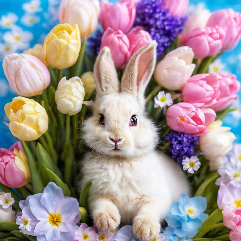 Rabbit in a Bouquet of Spring Tulips Stock Photo - Image of rabbit ...