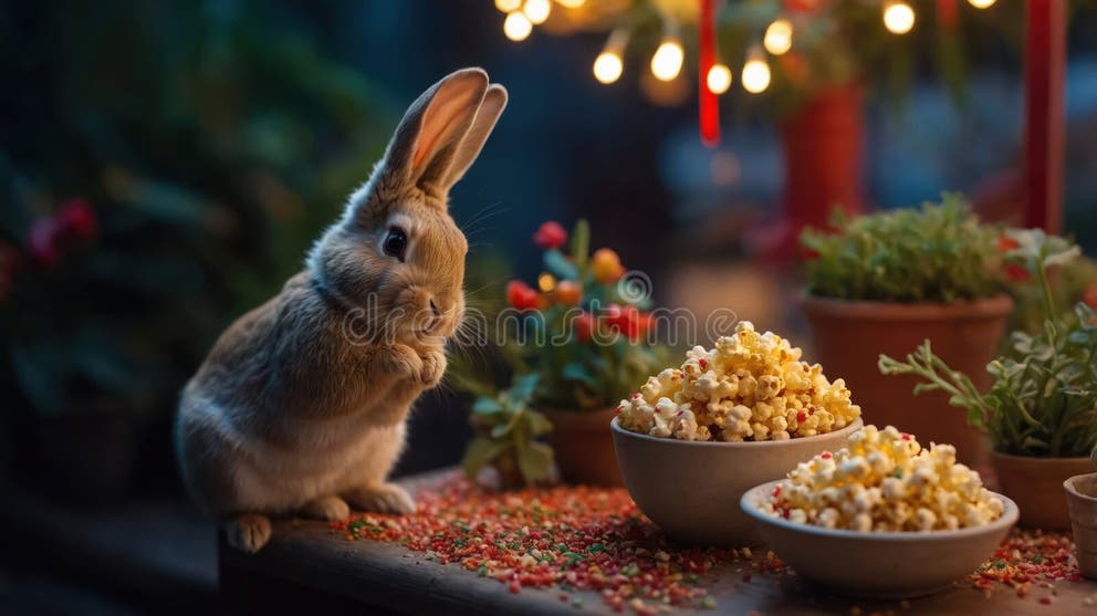 Adorable Bunny Rabbit with Popcorn and Festive Lights Stock ...