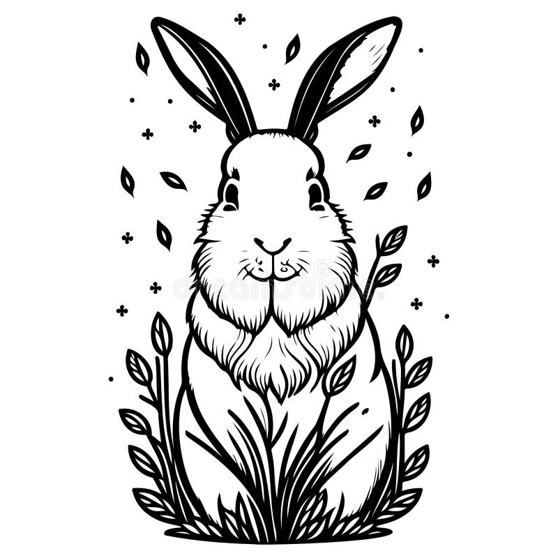 Rabbit Brave with Floral Spring Illustration Sketch Hand Draw Stock ...