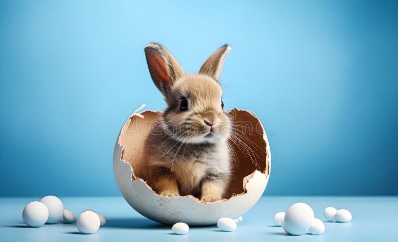 Rabbit in Broken Shell, Easter Eggs Isolated on Blue Background Stock ...