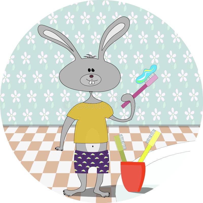 Rabbit Brushes Teeth at Home Stock Vector - Illustration of cute ...