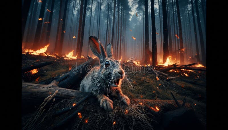 Rabbit in Burning Forest a Frightened Rabbit Amidst a Forest Fire ...