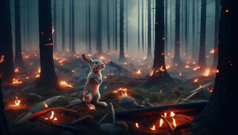 Rabbit in Burning Forest a Lone Rabbit Stands Amidst a Forest Fire ...
