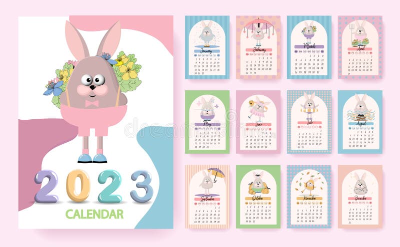 Rabbit Calendar for 2023 with Amazing Funny Characters Stock Vector ...