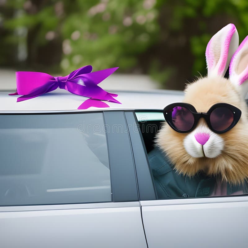 Rabbit in the car. stock illustration. Illustration of glasses - 275050196