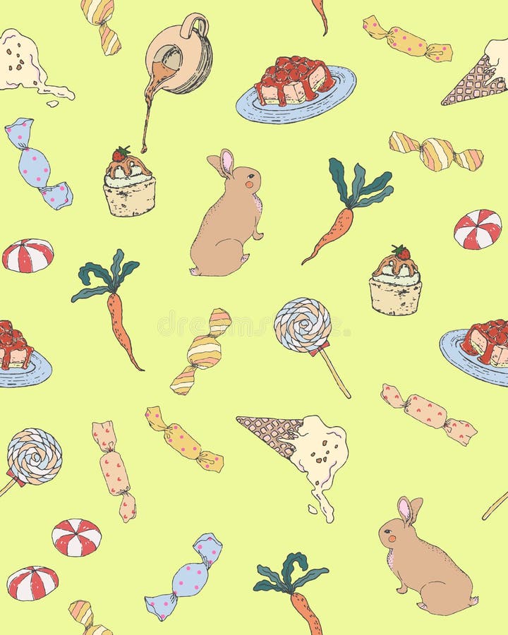 Rabbit with Carrot Sweet Bakery Retro Vintage Cute Pattern Vector ...