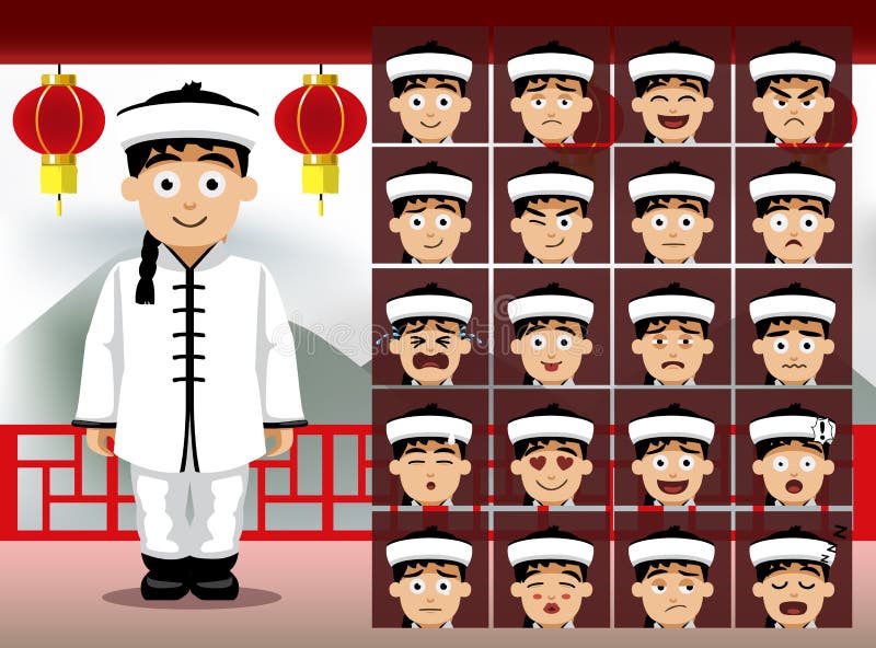 Chinese White Costume Boy Cartoon Emotion Faces Vector Illustration ...