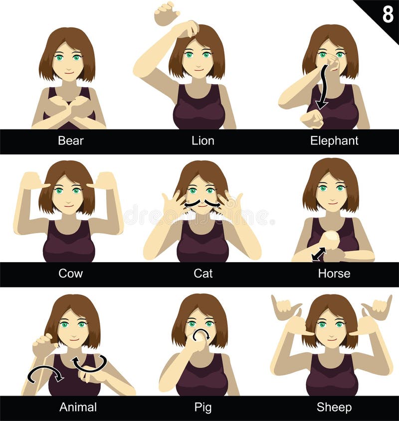 Manga Style Sign Language Set 8 Animals Stock Vector - Illustration of ...