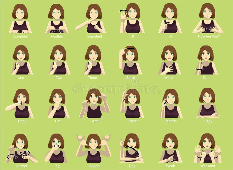 Manga Style Various Sign Languge Words Woman Cartoon Stock Vector ...