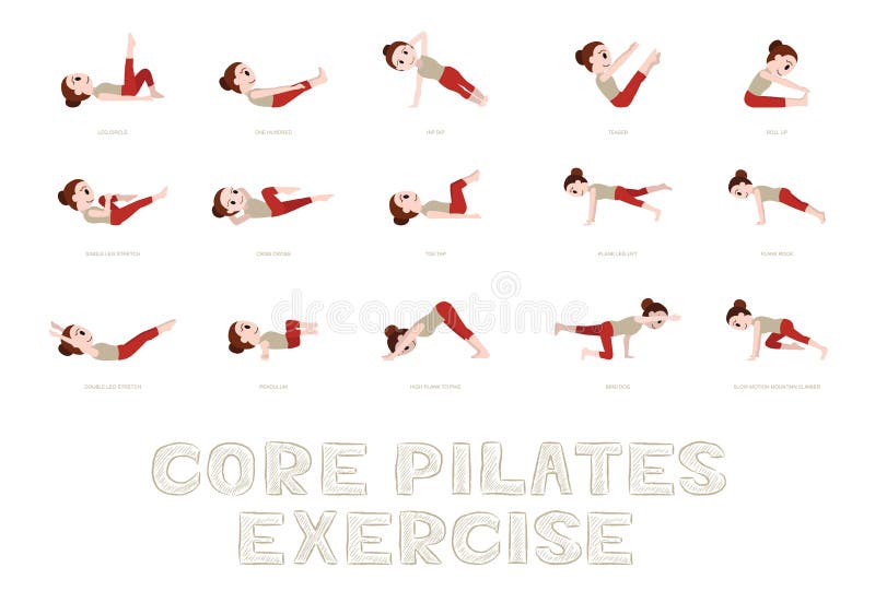 Pilates Core Exercise Pose Cartoon Vector Illustration Set Stock Vector ...