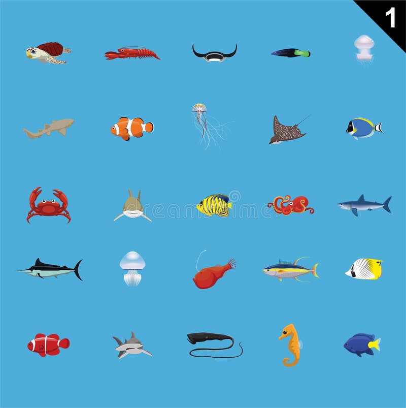 Fish Sea Creatures Cartoon Vector Illustration Set 1 Stock Vector ...