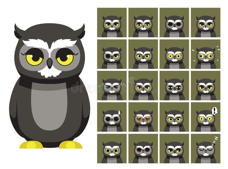 Owl Grey Horn Cartoon Emotion Faces Vector Illustration Stock Vector ...