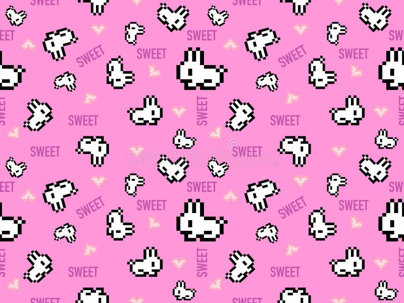 Rabbit Cartoon Character Seamless Pattern on Pink Background. Pixel ...