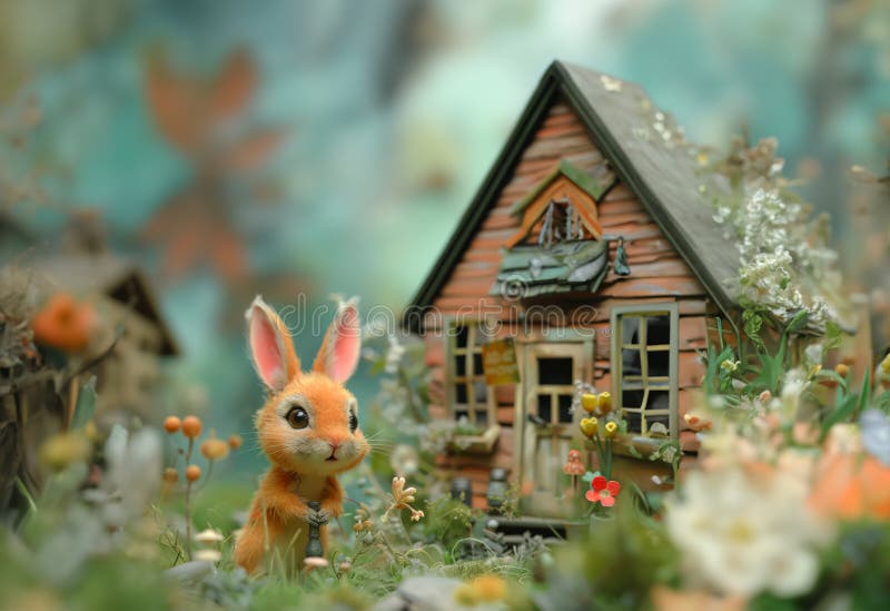 Rabbit in the Cartoon Like Village at Spring Stock Illustration ...