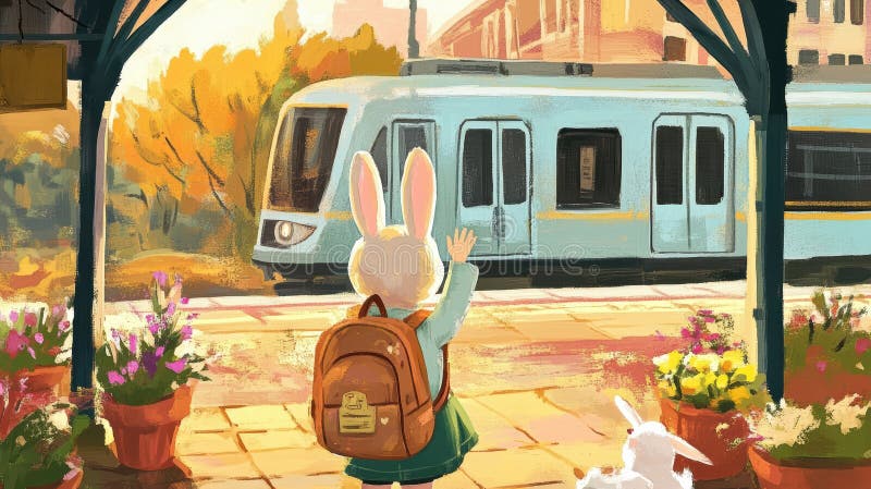 Rabbit Character Waving at Train in Autumn Setting for Children S Book ...