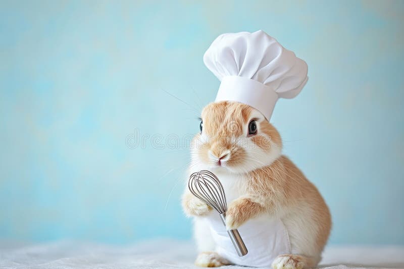 A Rabbit in a Chef Hat and Apron, Holding a Tiny Whisk, Styled Against ...