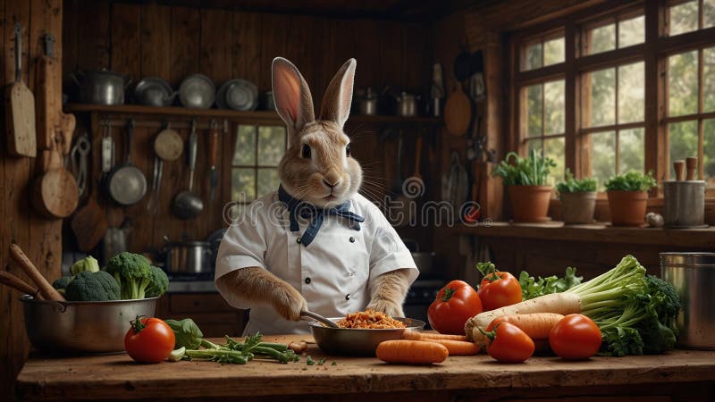 Rabbit Chef Preparing Fresh Vegetables in Rustic Kitchen Filled with ...