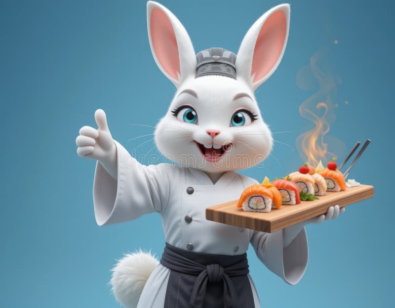 Rabbit Chef Presenting Delicious Sushi Rolls on Board with Approval ...