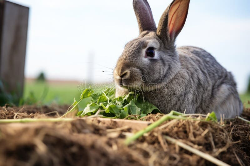 A Rabbit Chewing on an Auto-dispensing Hay Feeder Stock Photo - Image ...