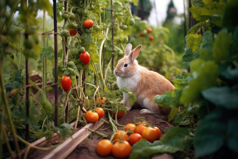 Rabbit Chewing on Carrot Near a Garden Patch Stock Illustration ...