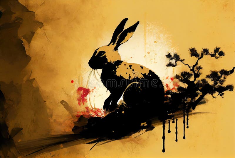 Rabbit in Chinese Ink Drawing Style Generative AI Stock Illustration ...