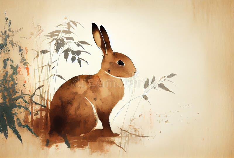 Rabbit in Chinese Ink Drawing Style Generative AI Stock Illustration ...