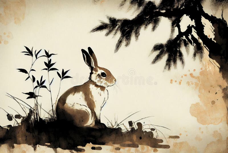 Rabbit in Chinese Ink Drawing Style Generative AI Stock Illustration ...
