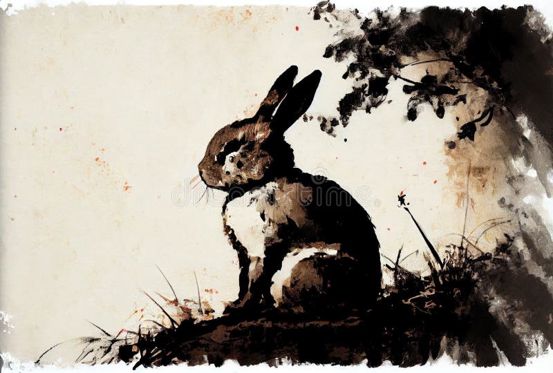 Rabbit in Chinese Ink Drawing Style Generative AI Stock Illustration ...