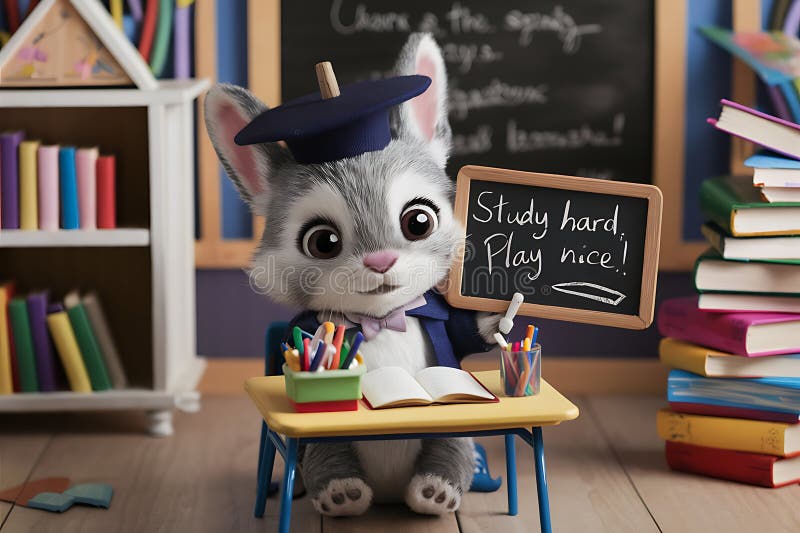 Rabbit in a Classroom with Study Hard Board Stock Illustration ...