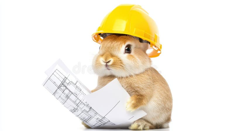 Rabbit in Construction Helmet with Blueprint Stock Illustration ...