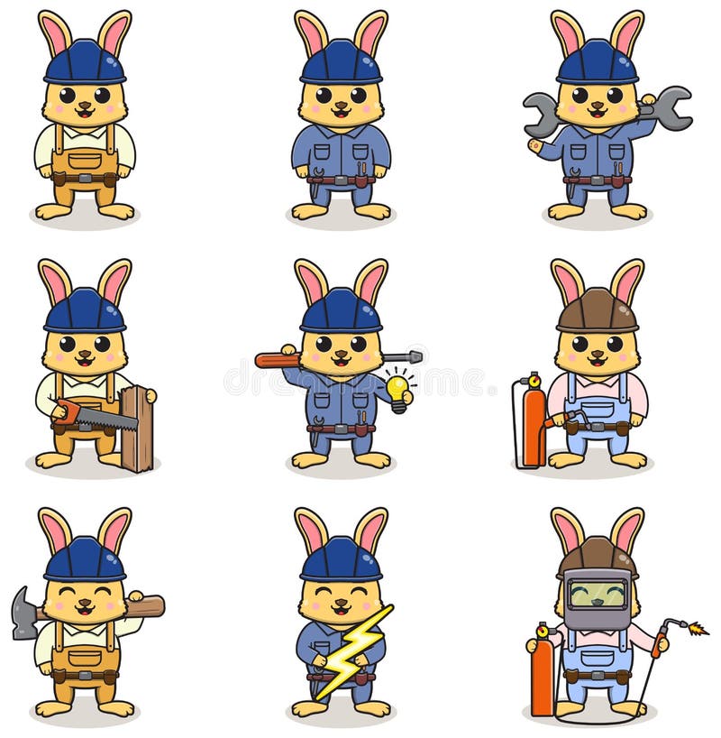 Cute Rabbit Engineers Workers, Builders Characters Isolated Cartoon ...