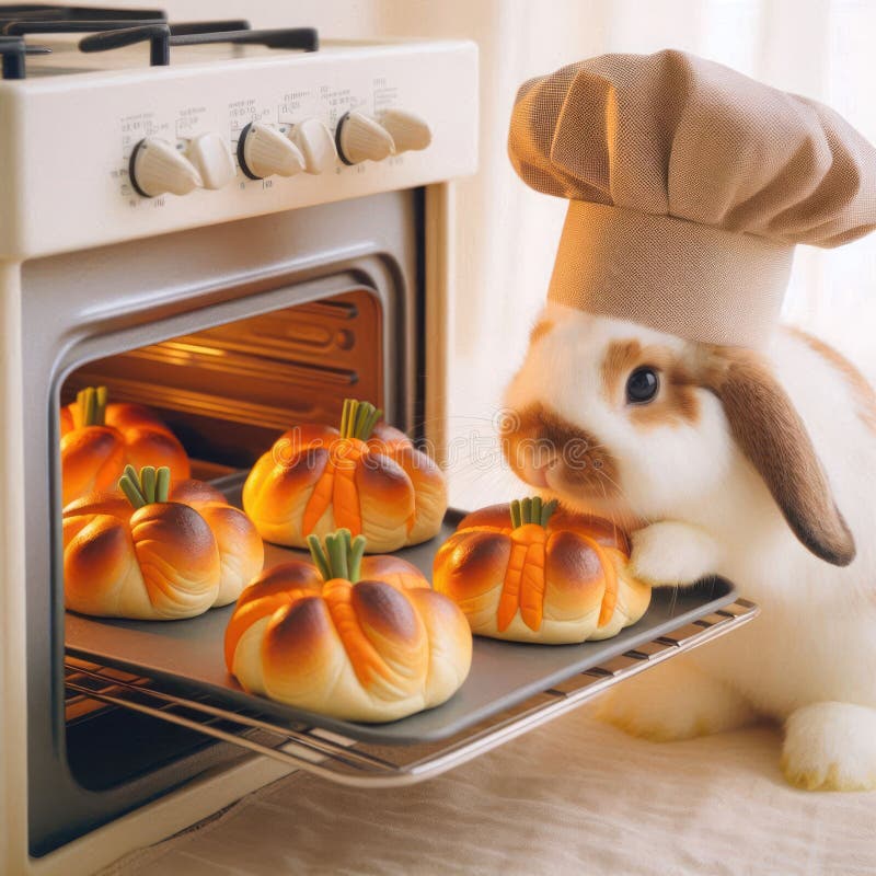 The Rabbit Cook Takes the Buns Out of the Oven. Stock Photo - Image of ...